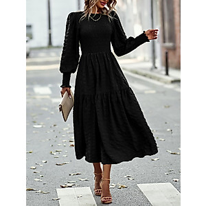 PRETTYGARDEN Women 2024 Puff Long Sleeve Crewneck Smocked Maxi Dress Solid Empire Waist Tiered A-line Swing Flowy Long Dress(Black,Medium)
