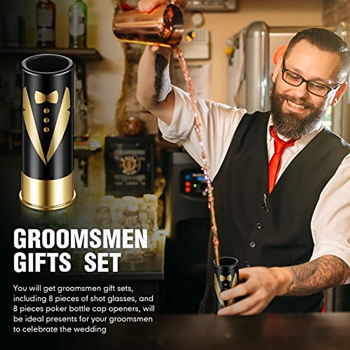 Groomsmen Tuxedo 12 Gauge Glasses Set with Poker Bottle Cap Opener Credit Card Size Bottle Opener Groomsmen Gifts Glasses for Wedding, Proposal, Birthday, Bridal Supplies(16 Pieces)