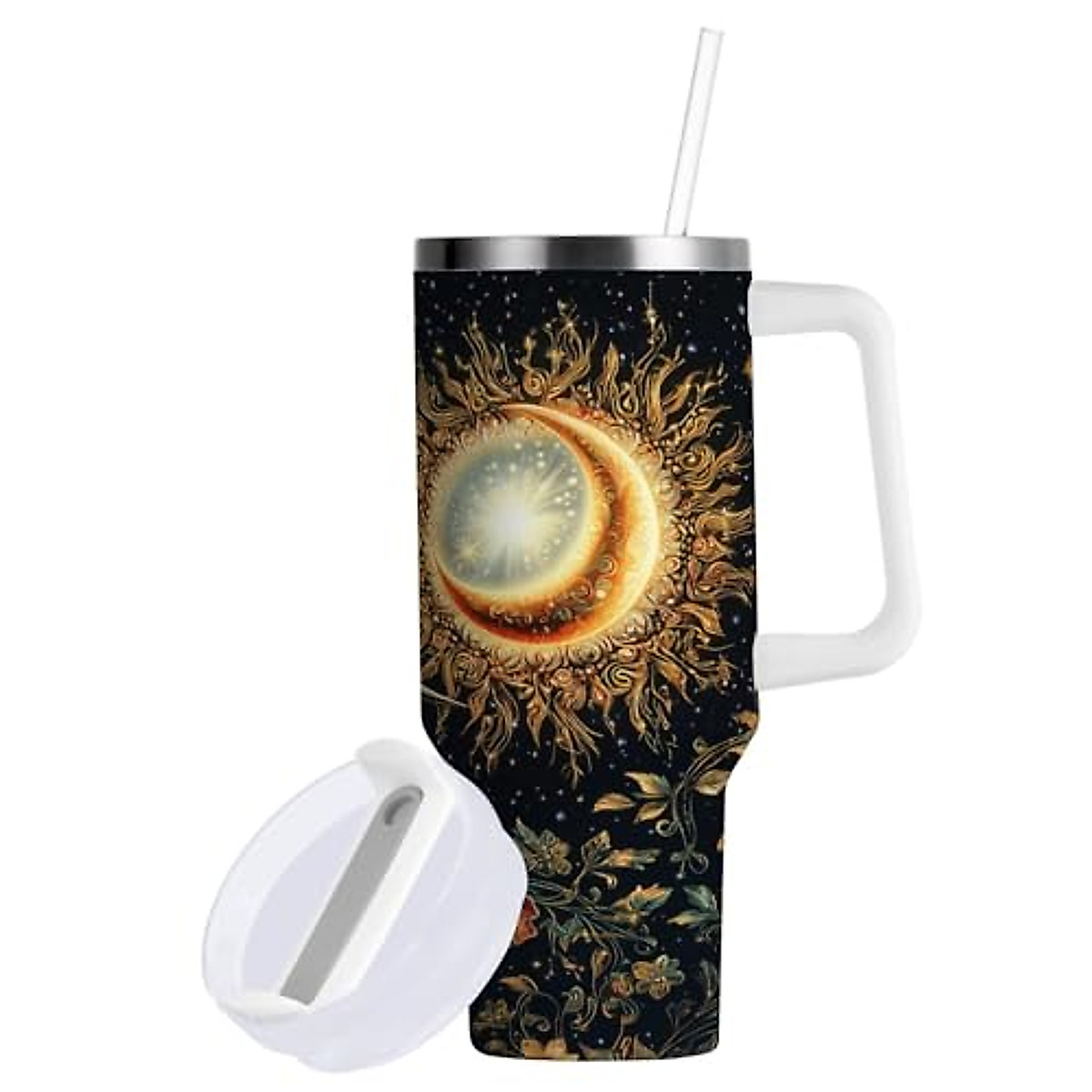Slewiaeky Tumbler with Handle 40 oz Multicolor Sun Golden Bird Travel Mug with Lid and Straw Stainless Steel Vacuum Insulated Water Bottle Cup for Iced Tea Coffee Cold Beverages Cup Holder Friendly