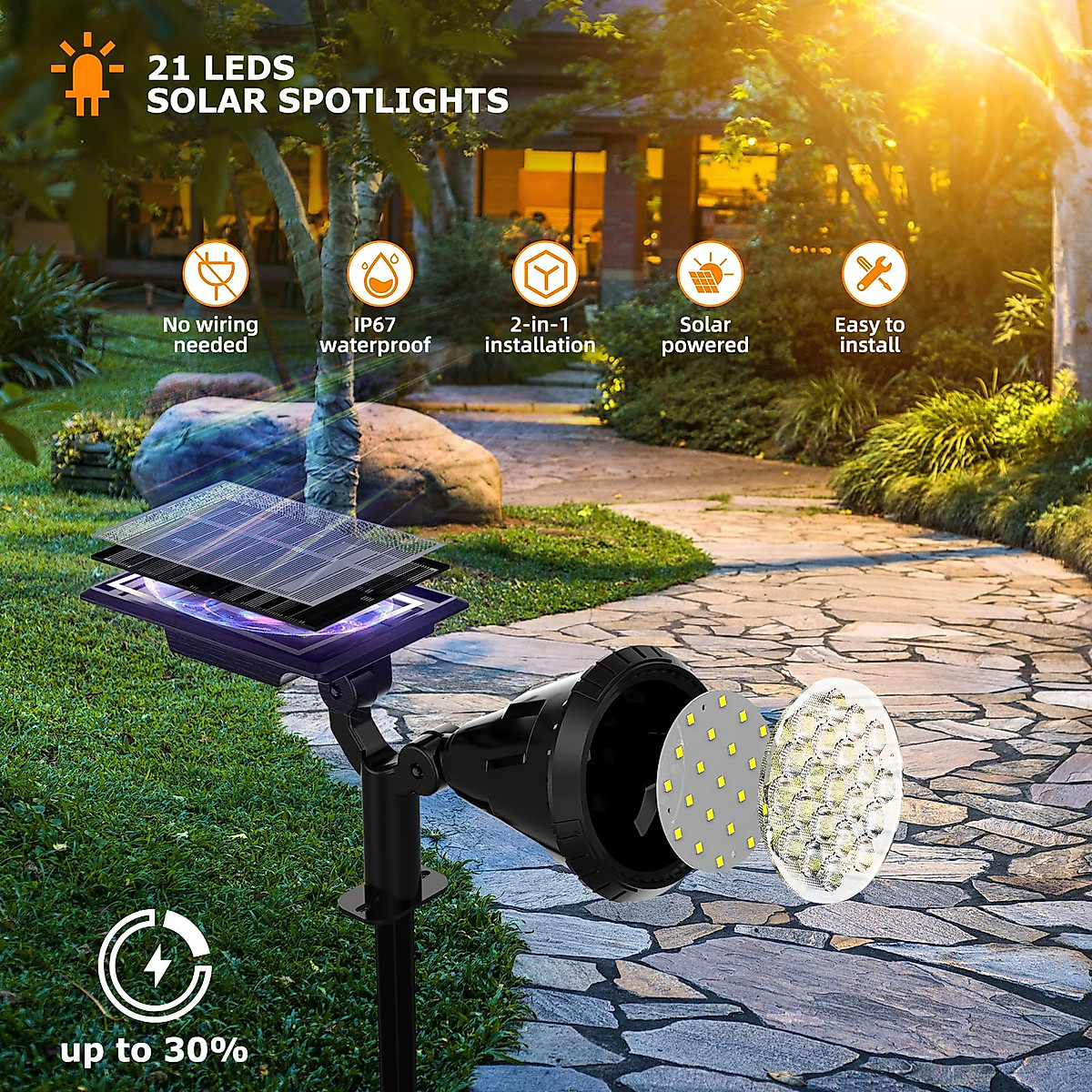 XTGTP Solar Spot Lights Outdoor, 21 LEDs Solar Outdoor Lights Auto On/Off with 3 Modes, IP67 Waterproof Solar Yard Spotlight Landscape Lighting Garden Wall Lights, 2-in-1 Solar Powered Lights, 2Pack