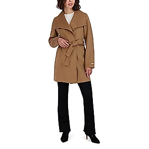 Tahari Women's Ella Lightweight Double Face Wool Wrap Coat with Tie Belt, Solid Camel, Medium