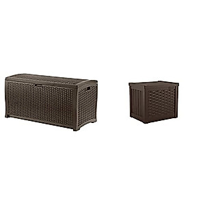 Suncast 99 Gallon Resin Wicker Patio Outdoor Storage Container for Toys, Furniture Deck box, Mocha & Suncast 22 Gallon Small Resin Storage Seat, Java, SSW600J