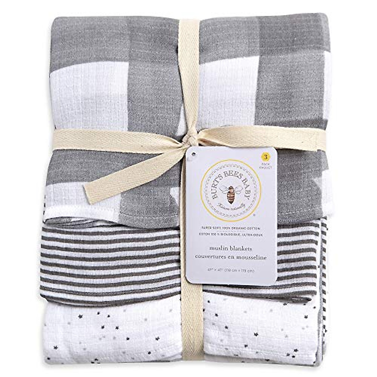 Burt's Bees Baby Swaddles, 100% Organic Muslin Cotton Baby Blankets, Multipurpose Lightweight & Breathable, Pack of 3