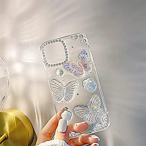 Faneiy for iPhone 13 Mini Case with Charm Chain Butterfly Flower 3D Cute Phone Case,Crystal Clear Shiny Case with Wrist Bracelet Pearl Shockproof for iPhone 13 Mini Case 5.4''