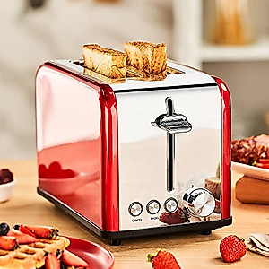 REDMOND 2 Slice Toaster Stainless Steel Toaster Wide Slots with Bagel Defrost Cancel Function 6 Bread Shade Settings for Bread waffles Auto Shutoff Red