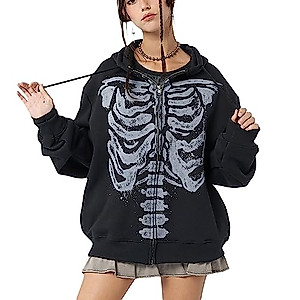 Yuemengxuan Womens Y2K Zipper Hoodie Long Sleeve Sweatshirt Harajuku Punk Grunge Tops Oversized Vintage Streetwear, Skeleton Black, Small