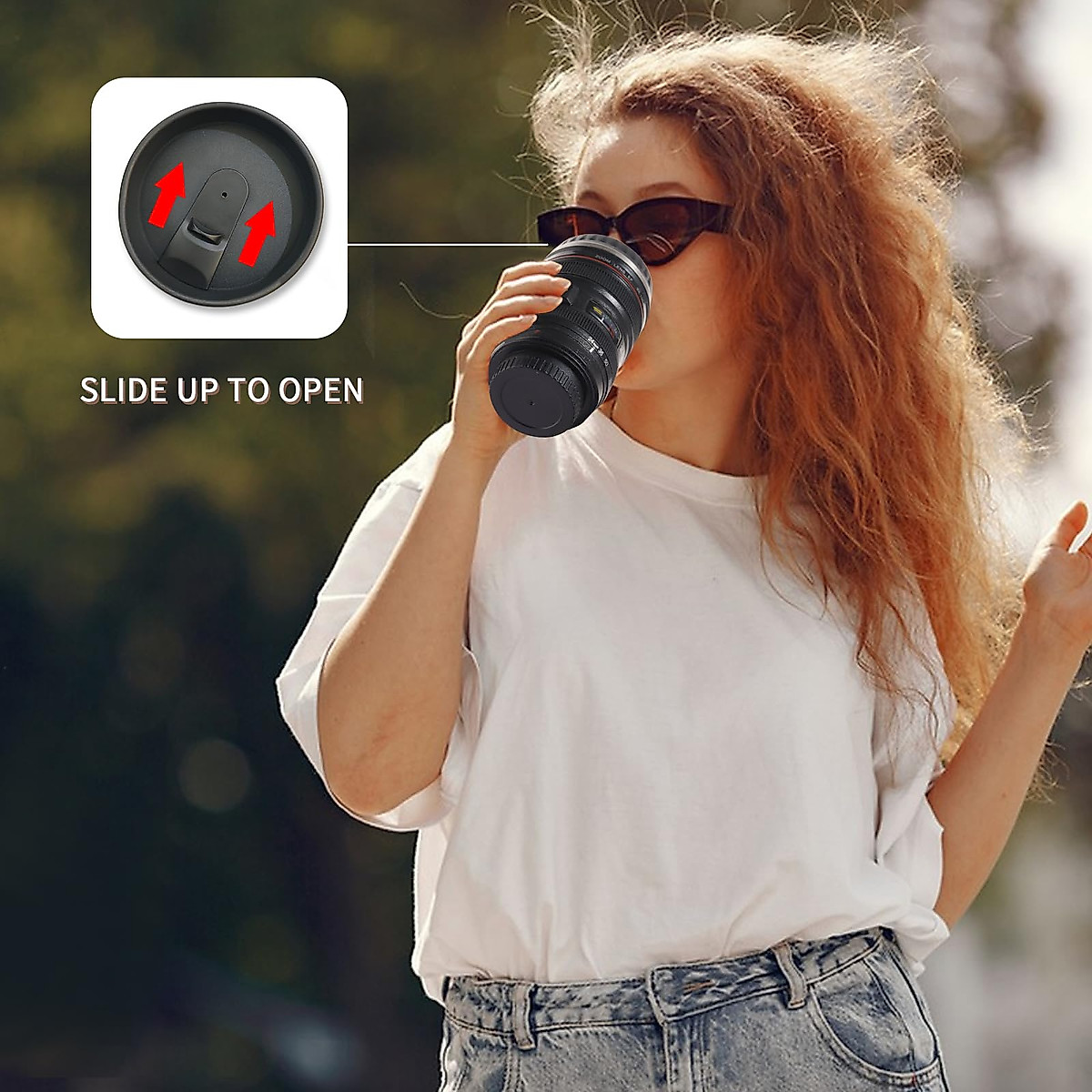 Newvenper Camera Lens Coffee Mug, 304 Stainless Steel Lens Insulated Travel Coffee Mug, BPA Free, Leak Proof, with 2 Lids, for Hot and Cold Drinking Coffee, Tea and Beer, 13.5floz