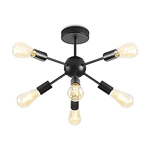 ANWIO Sputnik Chandeliers 6-Light, Semi Flush Mount Vintage Classic Industrial Ceiling Light, Modern Hanging Pendant Lighting for Kitchen Island Dining Room Hallway, Black