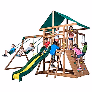 Backyard Discovery Mount McKinley All Cedar Wood Swing Set, Playground for All Kids Age 3-10, Rock Wall, Wave Slide, Fort, Double Rock Climber and Rope