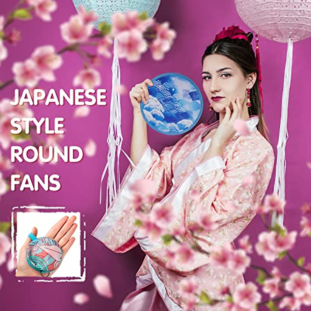 12 Pcs Round Japanese Style Foldable Hand Fan Summer Flower Handheld Folding Fan 4 Patterns Collapsible Handheld Fan Foldable for Women Girls Daily Use Festival Wedding Party Favors Home Decorations
