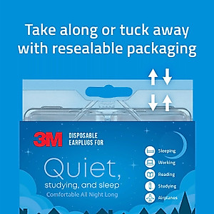 3M Disposable Earplugs for Quiet, Studying & Sleep, Light Blue, 32 NRR, 80 Pairs in a Resealable Package, Hearing Protection