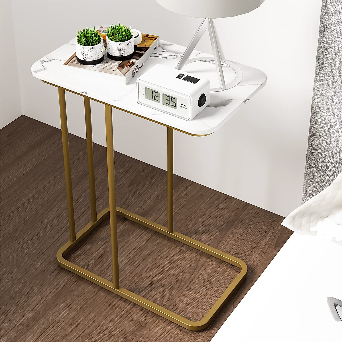 C Shaped Side Table, Small End Table, Modern Simplicity Waterproof Marble Pattern Coffee Table with Steel Frame for Living Room, Bedroom (White)