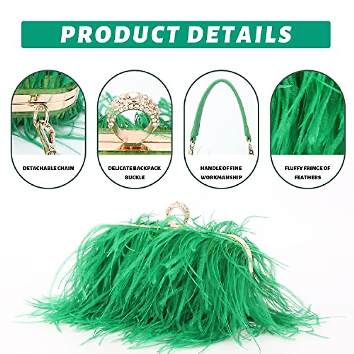 KUANG! Real Natural Ostrich Feather Clutch Evening Bag Fashion Handbag Purse for Banquet Party