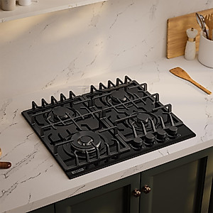 Empava 24 in. Gas Stove Cooktop with 4 Sealed Burners-Heavy Duty Continuous Grates-NG/LPG Convertible-Black Tempered Glass Surface, 24 Inch