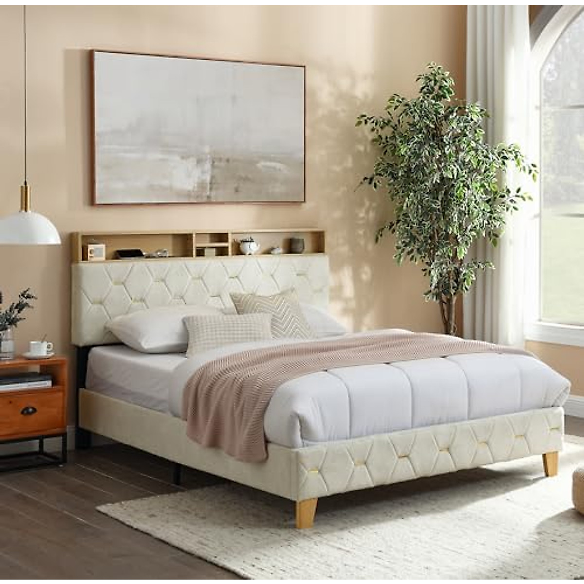 Klwenas Maec Queen Size Bed Frame,Modern Fabric Platform Bed Frame with Outlet & USB Ports,Storage Headboard,Heavy Duty Mattress Base,Wooden Slat Support,No Box Spring Needed (Beige, Queen)