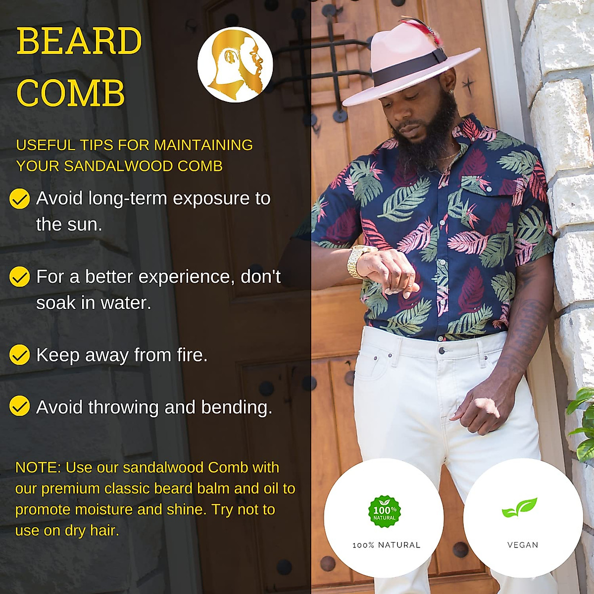 Black Beard Brigade by Yulaw Naturals Premium Sandalwood Comb with Case - Dual Action Fine & Coarse Teeth - Perfect for use with Balms and Oils - Pocket Comb for Beard & Mustache