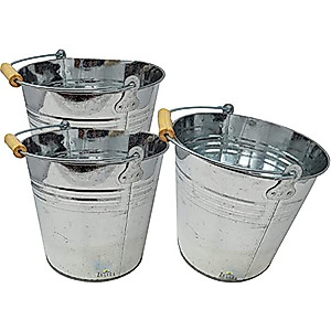 Large 2 Gallon Metal Bucket (3 Pack) Pail Tins Silver W/Wood Handle for Gifts Basket, Ice, Beer or Candy – 10” top x 9” h x 7.5” Bottom