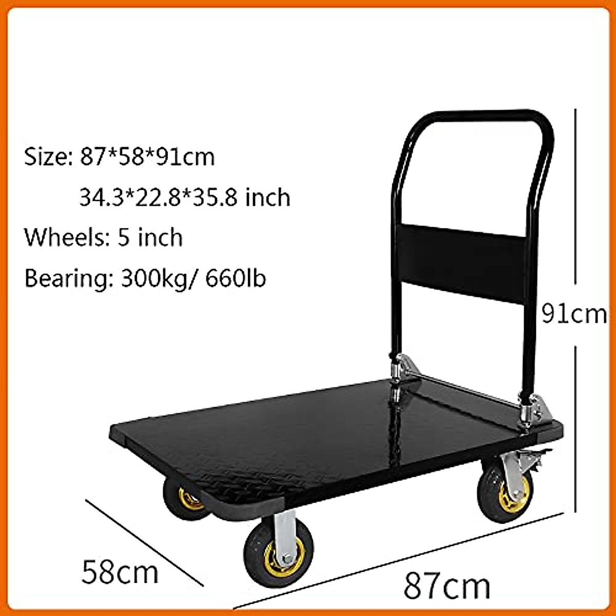 Flatbed Hand Cart Steel Platform Truck Folding Hand Cart with Handle and 360 Degree Swivel Wheels for Luggage Household Daily Moving High Load Dolly Heavy Duty Flatbed Cart (Size : 5in Wheel