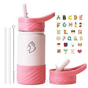 BUZIO 14oz Kids Water Bottle Stainless Steel Insulated Metal Water Bottles with Straw for Toddlers, BPA-Free Double Wall Water Flask Leak Proof Tumbler for School Boys Girls with Stickers, pink