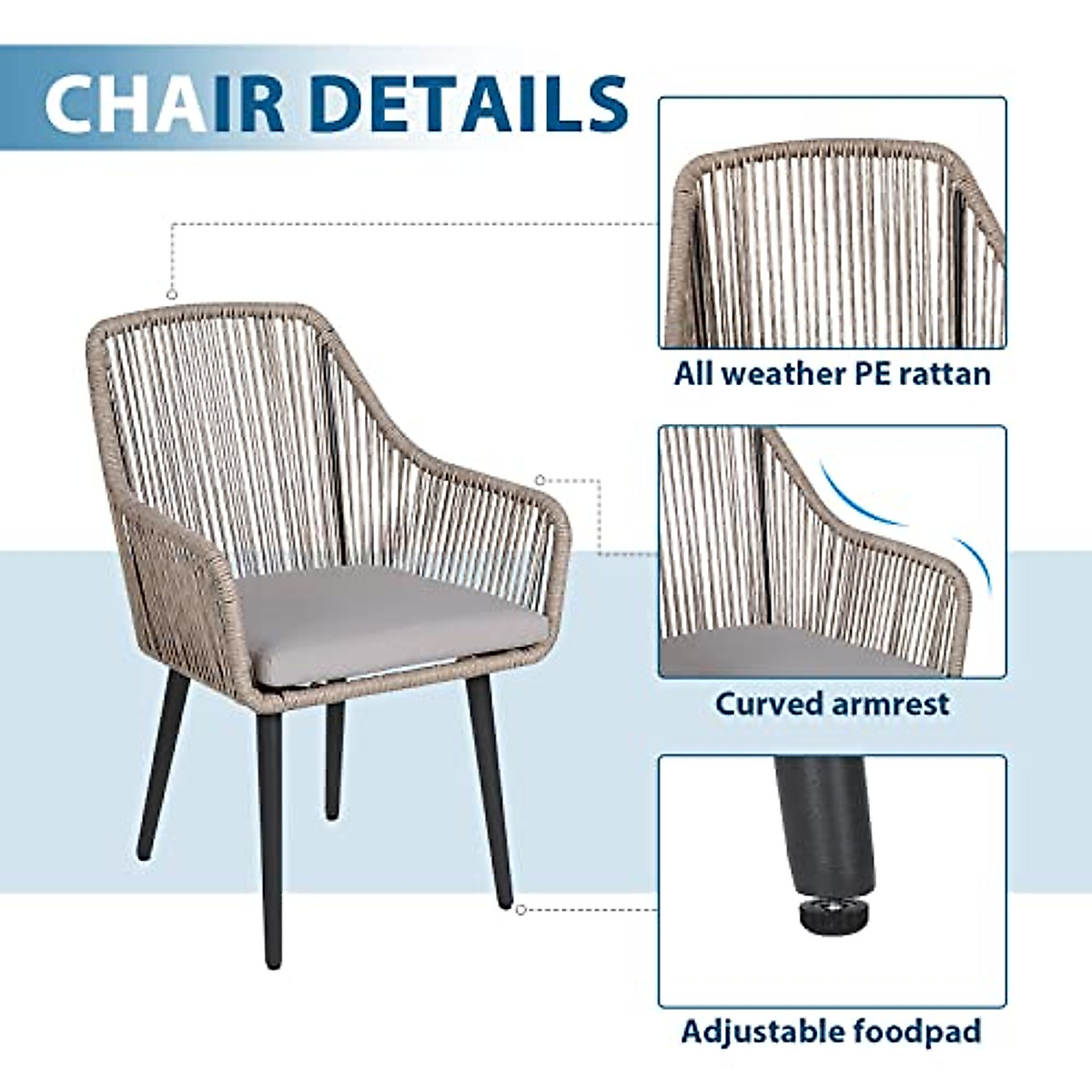 JOIVI 5 Piece Outdoor Dining Set, Wicker Patio Furniture Dining Table and Chairs Set with Cushions for 4 People, Tempered Glass Tabletop with 2.16” Umbrella Hole, for Lawn, Backyard, Garden