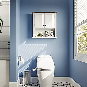 WAMPAT 2 Pack Wall Mounted Cabinet with Doors, Bathroom Wood Hanging Medicine Cabinets Over The Toilet with Adjustable Storage Shelf and Open Space for Kitchen, Entryway, Set of 2