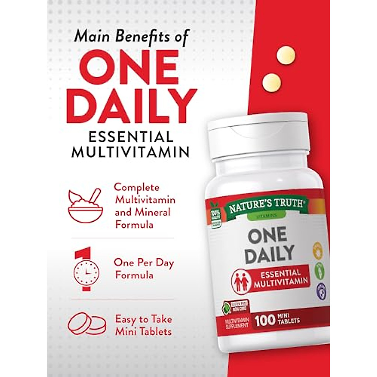 One Daily Multivitamin | 100 Mini Tablets | Non-GMO & Gluten Free Supplement | for Men and Women | by Nature's Truth