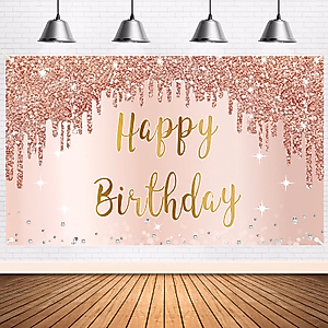 Rose Gold Happy Birthday Banner Backdrop Decorations for Girls Women, Pink Happy Birthday Theme Party Sign Supplies, Large 16th 21st 30th 40th 50th Birthday Poster Background Photo Booth Props Decor