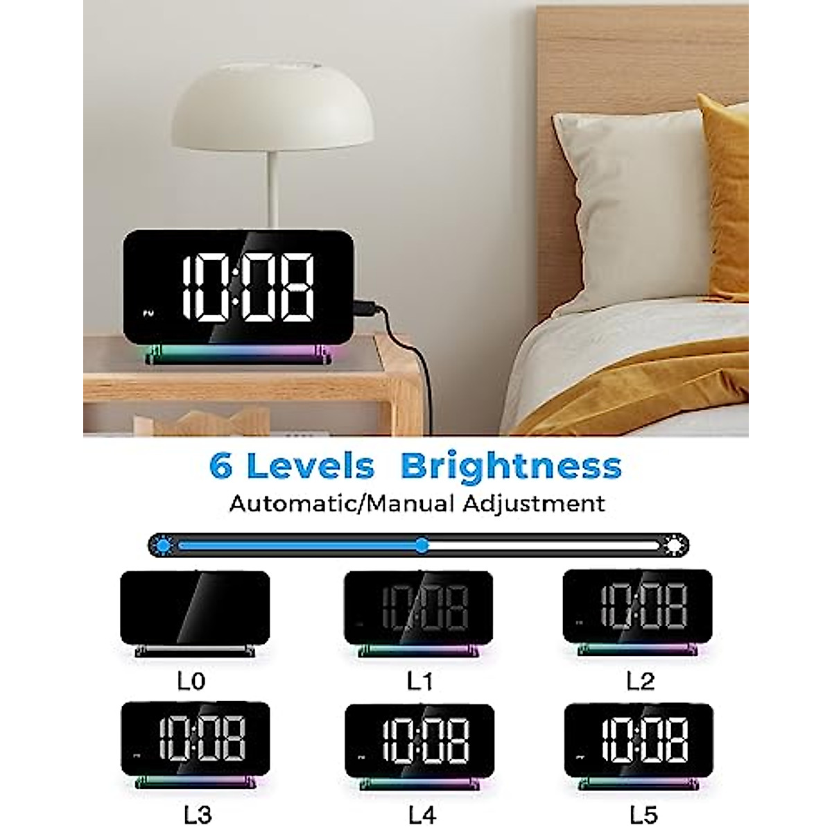 SZELAM Alarm Clock for Heavy Sleepers Adults,7.4” Digital Clocks Large Display,with USB C Port,RGB Night Light,5 Levels Volume,Auto Dimmer,LED Desk Clock for Bedroom Decor - Black
