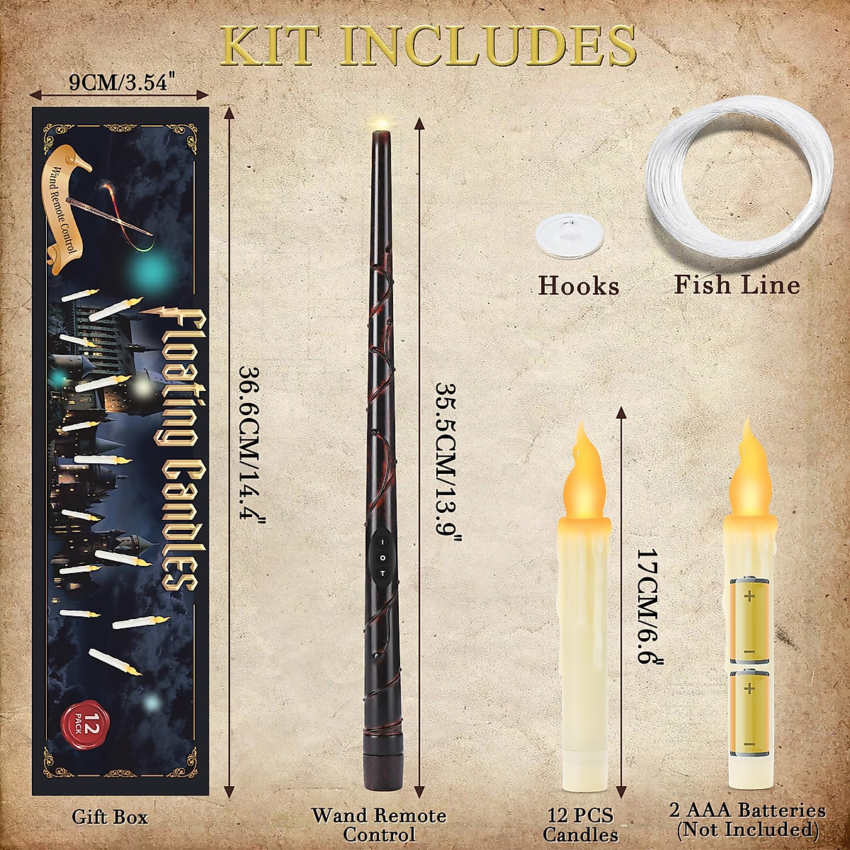 Eseven Halloween Decorations,12 PCs Magical Floating Candles with Wands Remote, Flickering Warm Light Flameless Floating LED Candle for Christmas Birthday Theme Party