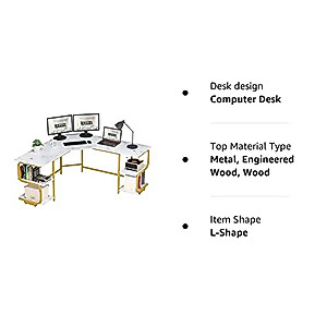 Teraves Modern L Shaped Desk with Shelves,64.84" Computer Desk/Gaming Desk for Home Office,Corner Desk with Large Desktop (White Marbling+ Gold Frame, Large+4 Tier Shelves)