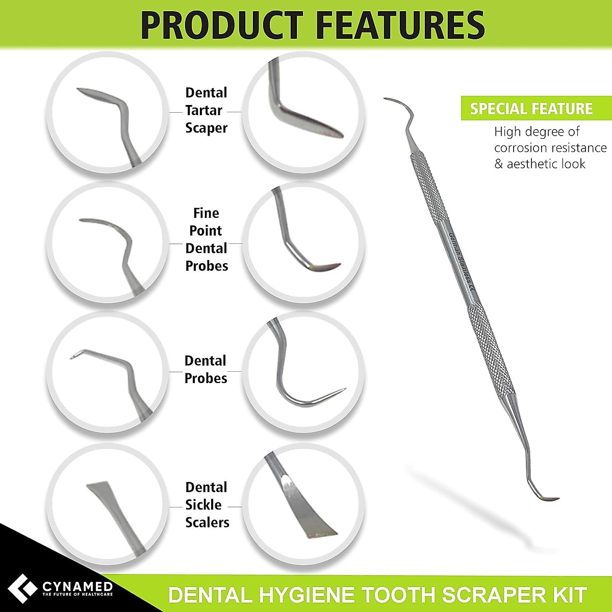 CynaMed Dental Tools Oral Care Kit (5-Pack) – Stainless Steel Dental Pick, Tartar Scraper, Scaler, Tweezers, and Mouth Mirror for Personal & Pet Use