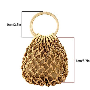 Ayliss Women Mini Clutch Tote Handbag Top-handle Bucket Drawstring Handbag Summer Beach Woven Handmade Fishing Net Bag Pouch Purse (Light Khaki, Mini)