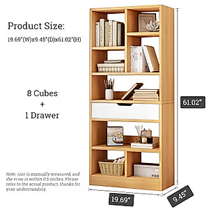 IOTXY Wooden Open Shelf Bookcase - 61 Inches Height Freestanding Display Storage Cabinet Organizer with 8 Cubes and a Drawer, Floor Standing Bookshelf in Maple Yellow