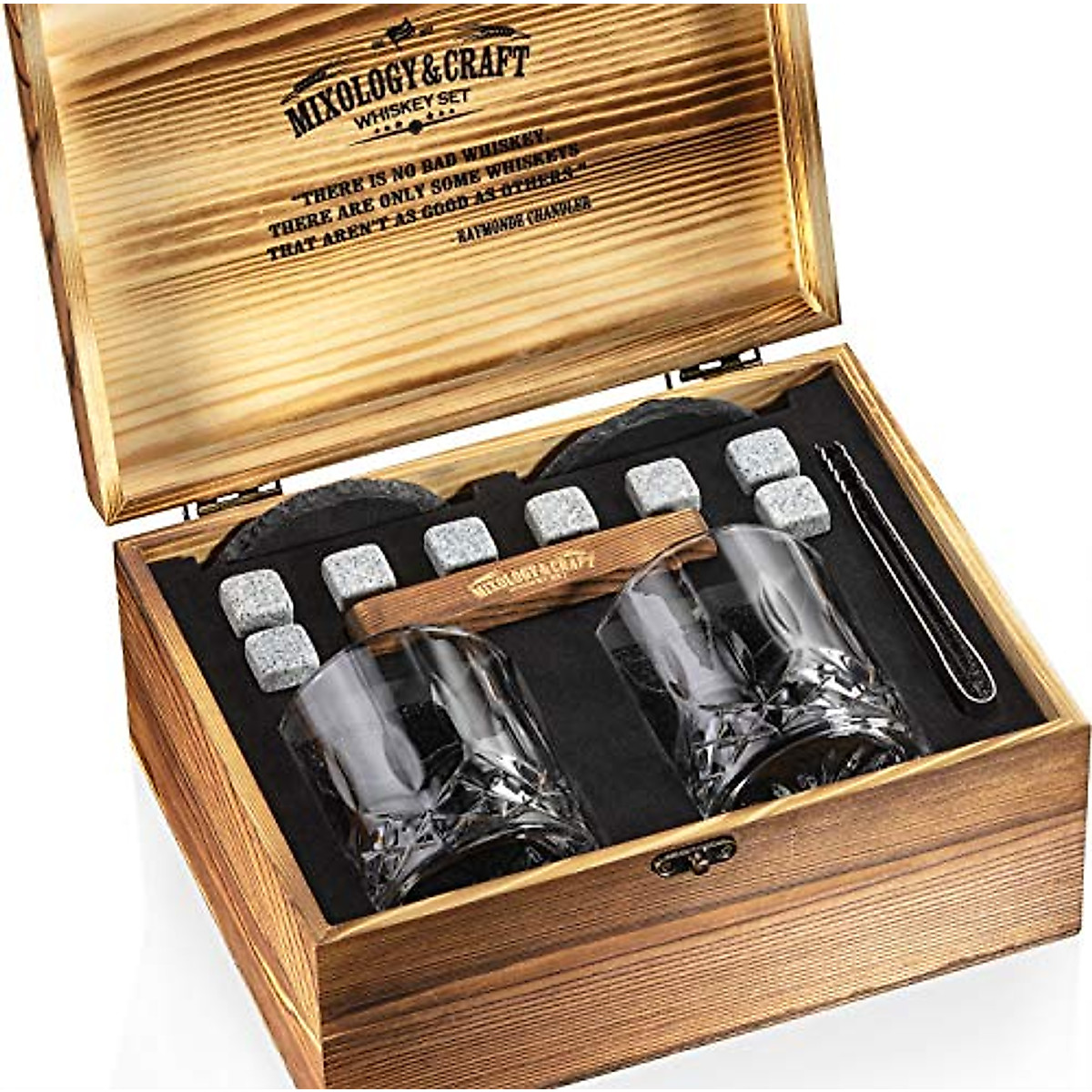 Mixology Whiskey Stones Gift Set for Men - Pack of 2, 10 oz Whiskey Glasses w/ 8 Granite Chilling Rocks, 2 Coasters, Metal Tong & Cocktail Card in Wooden Box - Diamond