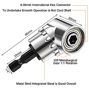 7 Pieces Power Drill Sockets Adapter Set, 3 Pieces 1/4 3/8 1/2 Inch Hex Shank Socket Adapter 3 Pieces 360 Degree Rotatable Impact Extension 1 Piece 105 Degree Right Angle Screwdriver Drill Bit