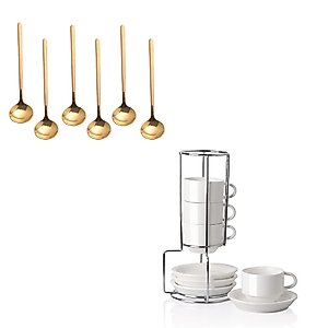 Sweejar 6-Piece Espresso Spoons 18/8 Stainless Steel Porcelain Espresso Cups with Saucers, 2.5 Ounce Stackable Cappuccino Cups