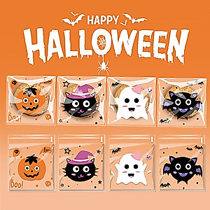 CMJSGG 400 Pcs Halloween Clear Treat Bags Self Adhesive Cookie Bags Trick or Treat Candy Bags Cellophane Bags for Halloween Cookie, Gift, Candy, Snacks Packaging (4 Cute Cartoon Patterns)