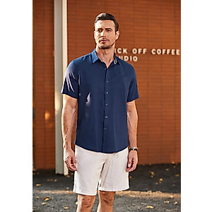 COOFANDY Mens Shirt Linen Casual Button Down Summer Beach Tops, Navy Blue, Large, Short Sleeve