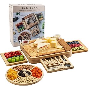 Rae Dunn Charcuterie Board & Accessories - Large Charcuterie Board Set, Bamboo Cheese Board Set with Serving Forks and Platters, Cheese Knives Included