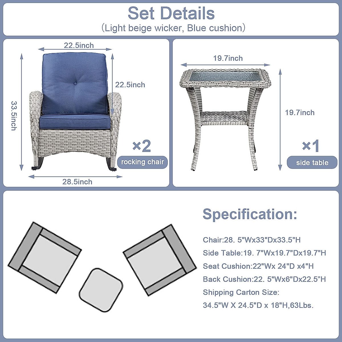 Belord Outdoor Rocking Chairs Set of 2, Wicker Rocker Rocking Chairs for Porch, 3 Pieces Patio Furniture Sets Rocking Bistro Set with Cushions and Side Table