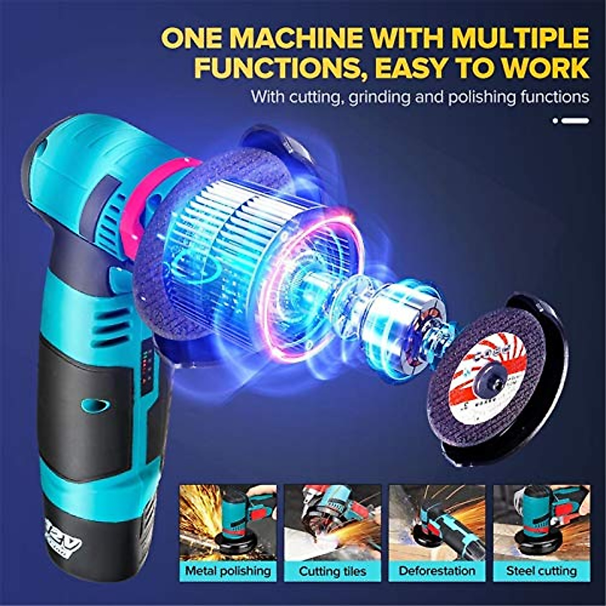 Gtest Mini Cordless Angle Grinder,12V Lithium-Ion Grinding Machine Electric Polishing Cutting Brushless Micro Angle Grinder Power Tool,1 Battery