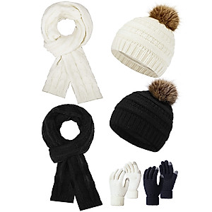 Winter Hat Gloves Scarf Set Women, Knit Pom Beanie Warm Touchscreen Gloves Neck Long Scarf for Women Girls Cold Winter (Black, White)