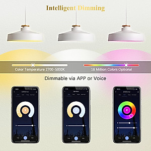 DiCUNO Smart Light Bulbs, Full Color Changing Bulb, Work with Alexa, Google Assistant, No Hub Required, RGBCW Multicolor Dimmable Smart LED WiFi Bluetooth A19 E26 9W 800LM Lights, 1-Pack