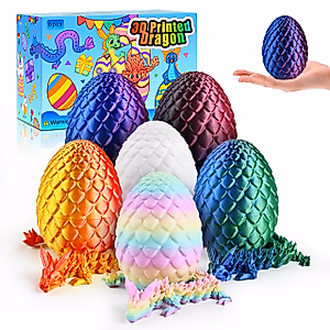 Impossmaker 6PCS 3D Printed Easter Dragon Eggs with 3D Printed Dragon Inside, Easter Basket Stuffers Mini Dragon Egg Set Articulated Crystal Dragon Fidget Toy for Adults Teens