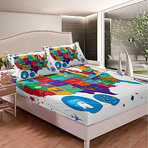 USA Political Map Fitted Sheet Federal States Map Bedding Set for Kids Boys Girls Science Popularization Bed Sheet Set Educational Bed Cover Full Size