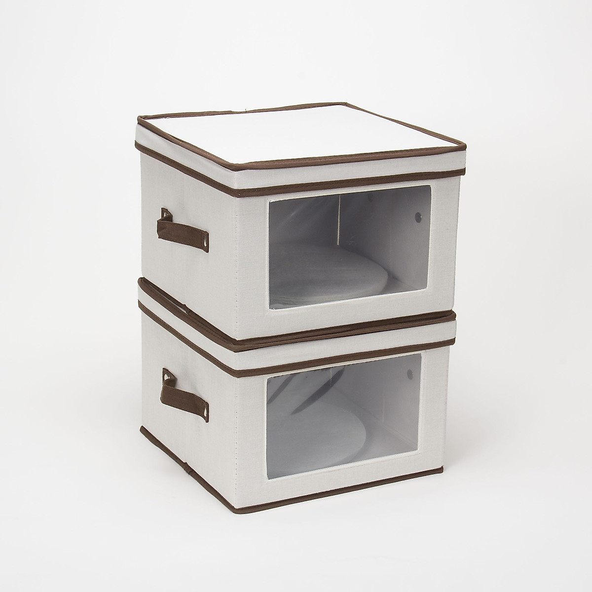 Household Essentials 536 Dinnerware Storage Box with Lid and Handles | Storage Bin for Dinner Plates | Natural Canvas with Brown Trim