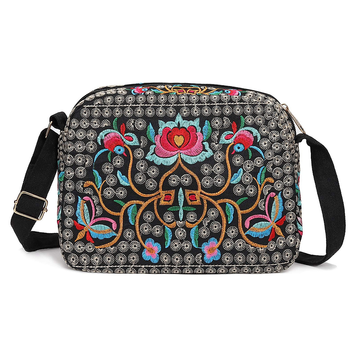 Vintage Embroidery 6.5" Canvas 3 zip Small Crossbody Bag Cell Phone Pouch Wallet Bag Coin Purse for Women (Black + Flower)