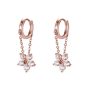 Reffeer 925 Sterling Silver Flower Chain Drop Earrings Hoop for Women Teen Girls Huggie Hoop Dangle Earrings Chain (C-Rose)