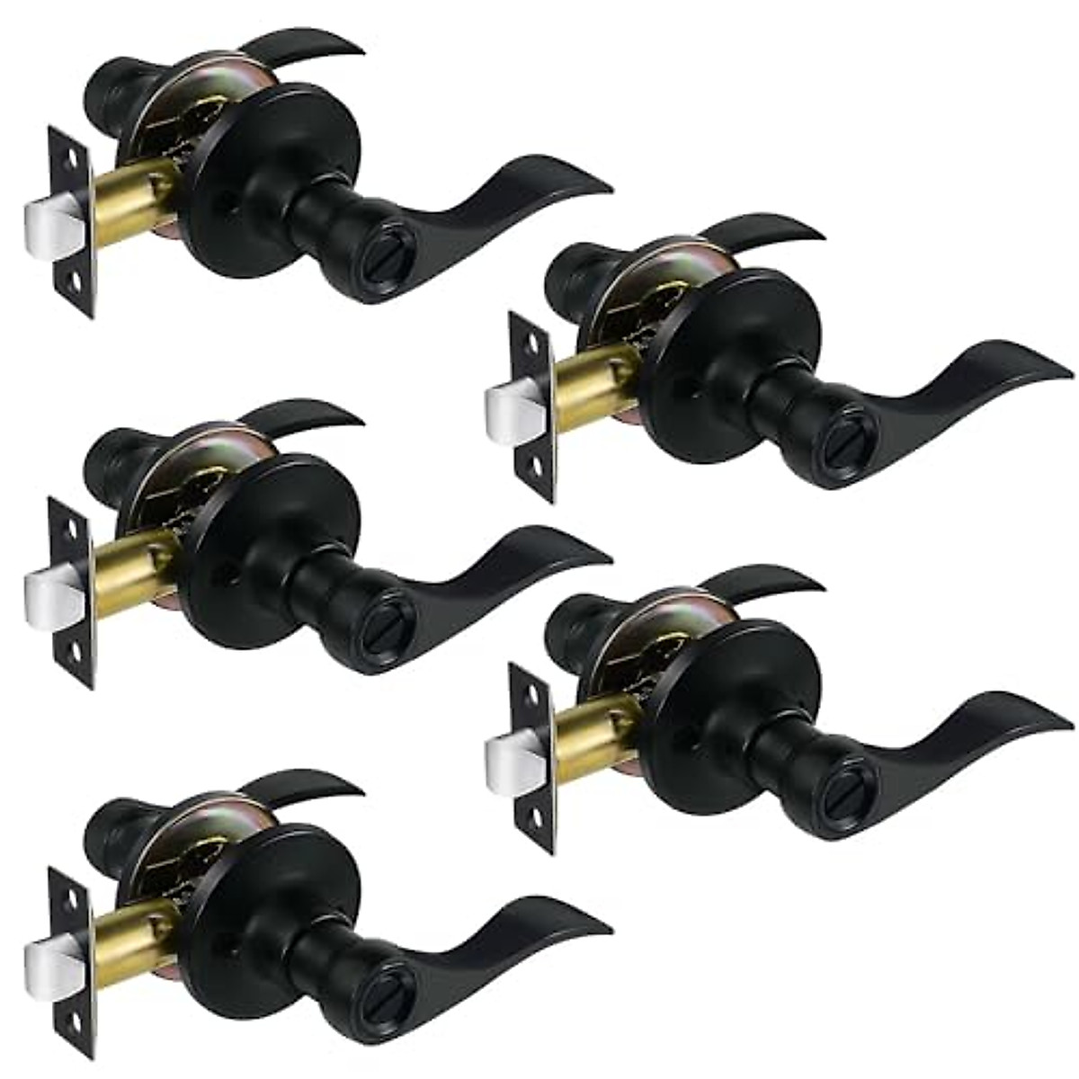 MONKEMON 5 Pack Black Door Handle Wave Style Privacy Door Lever for Bedroom & Bathroom, Interior Door Handle with Lock Keyless, Reversible Handles Set for Left & Right Door