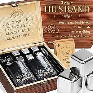 Anniversary Oaksea Gifts for Men Him Husband, Stainless Steel Engraved Whiskey Stones Glasses Set Gift, Gift for Birthday Wedding for Boyfriend Fiance, Cool Burbon Scotch Set Gifts